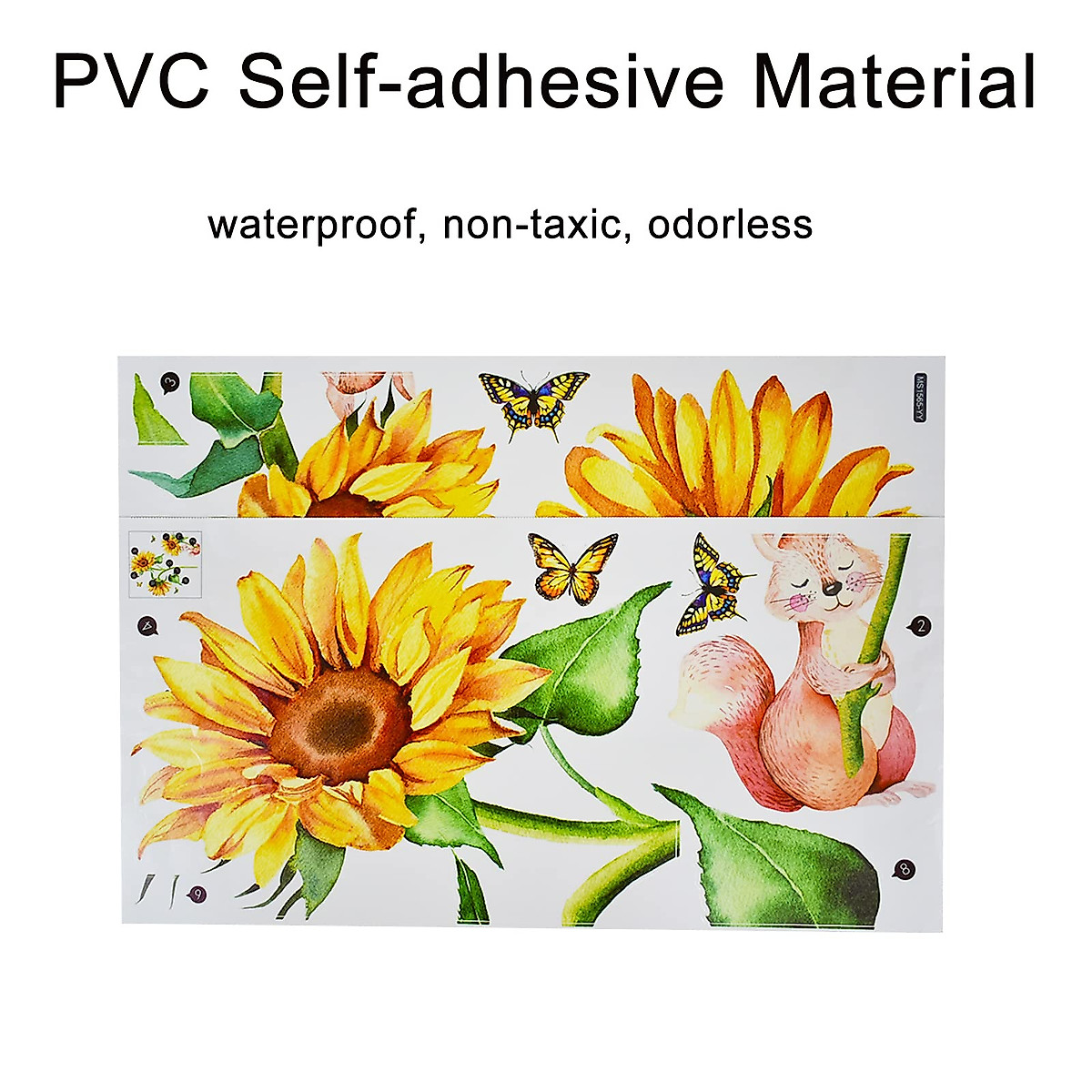 Pinenjoy Sunflower and Squirrel Wall Decal Yellow Flower Butterfly Wall Stickers 28x31inch Removable Self-Adhesive Vinyl Floral Wall Clings for Living Room Nursery Bedroom TV Sofa Decorations