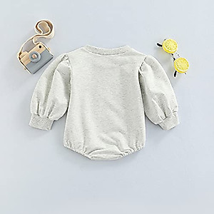 Fall Baby Girl Clothes Newborn Infant Puff Sleeve Sweatshirt Romper Leopard Letter Print Sweater Pullover Top (Gray, 0-6 Months)