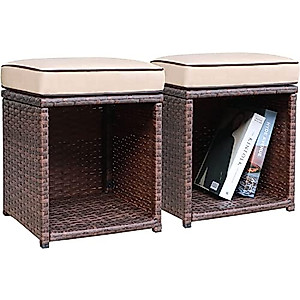 Yangming 2 Pieces Outdoor Patio Ottoman, Indoor Outdoor All Weather Rattan Wicker Ottoman Seat, Patio Rattan Furniture, Footstool Footrest Seat w/ Removable Cushions, No Assembly Required…