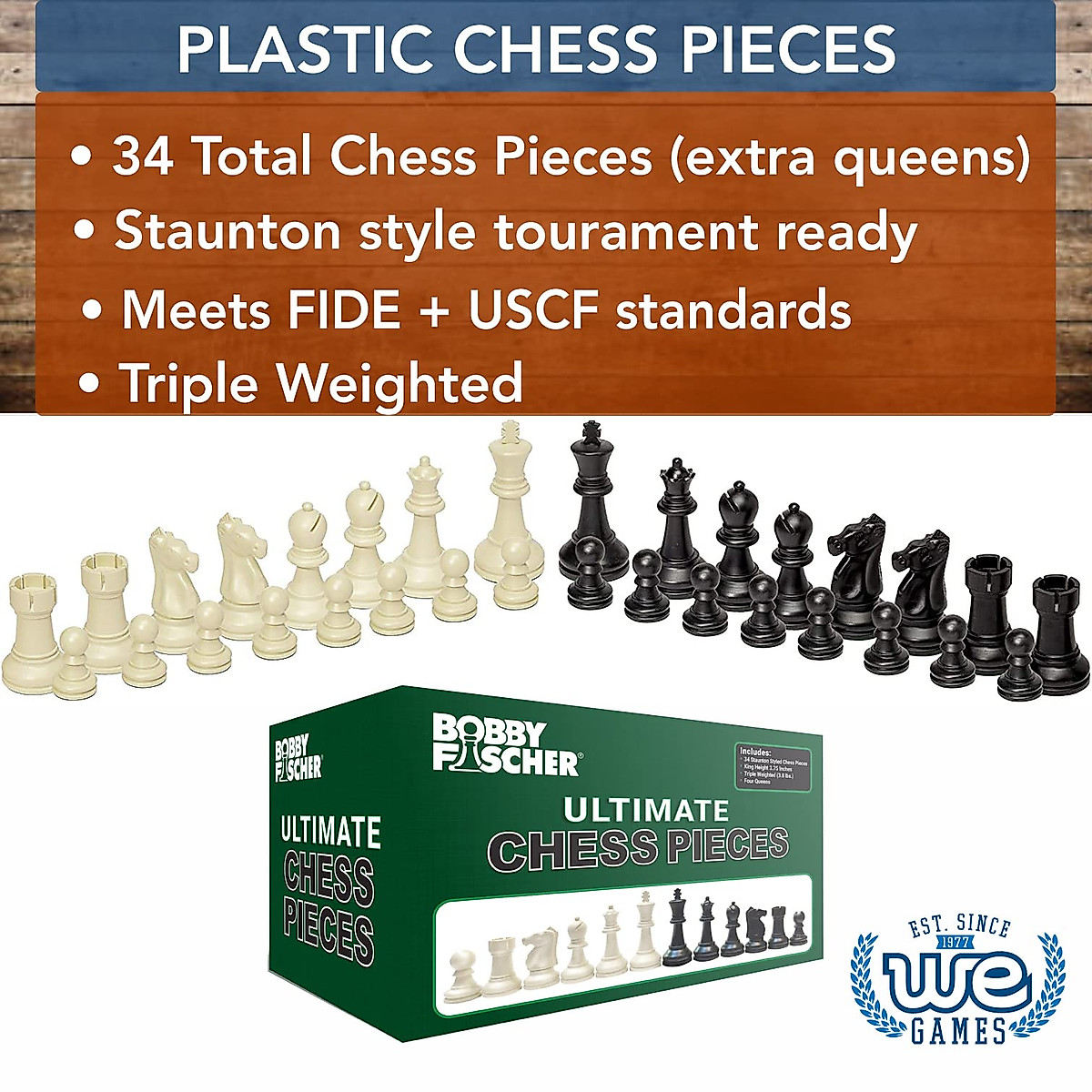 Bobby Fischer Ultimate Chess Pieces Set, Staunton Plastic Tournament Chess Set -Extra Queens, Triple Weighted