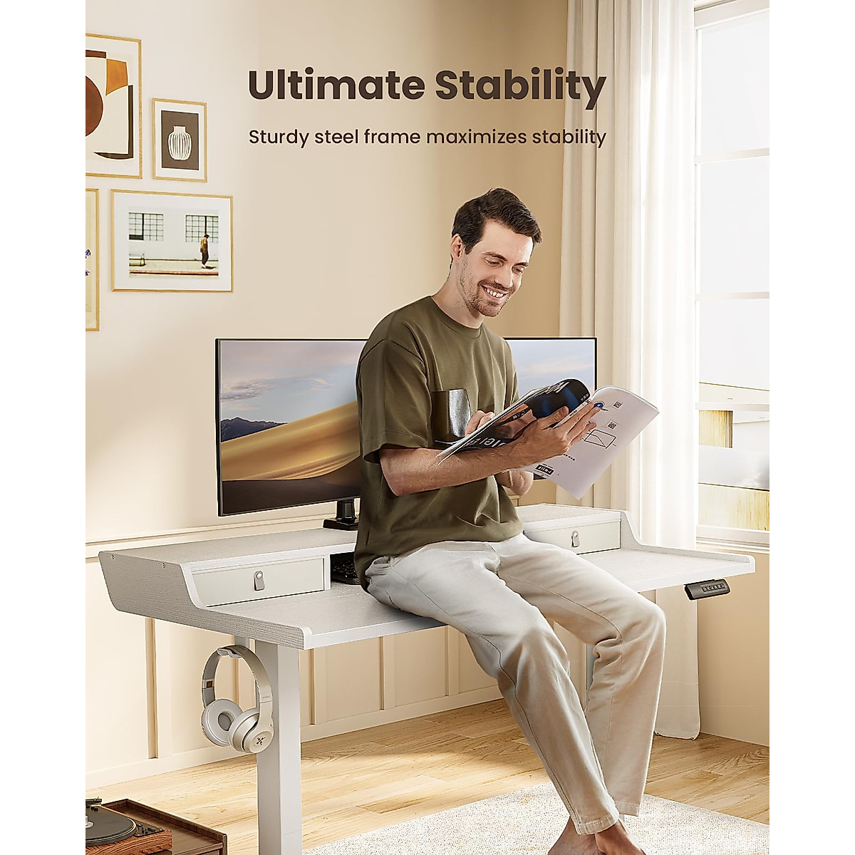 ErGear Electric Standing Desk with Drawers, 48″ x 24″ Gaming Desk with Monitor Stand, C-Clamp Mount Compatible, Home Office Height-Adjustable Desk with Storage Shelf, 4 Preset Heights, White, EGESD36W