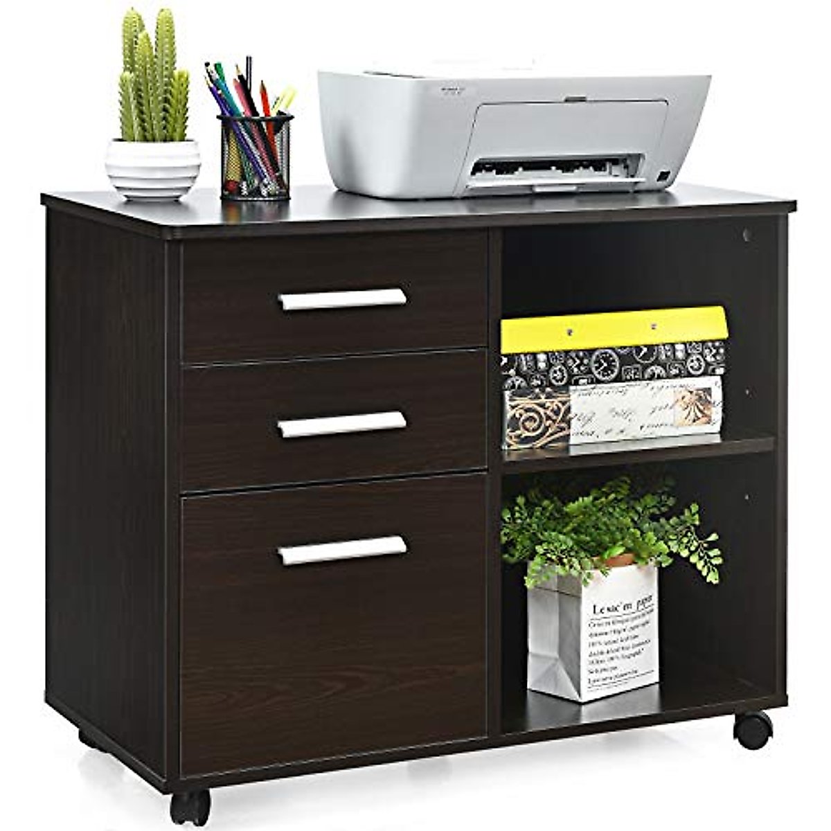 Giantex 3-Drawer File Cabinet, Mobile Lateral Filing Cabinet with Wheels, Large Printer Stand with 3 Drawers and Open Storage Shelves, Multifunctional Storage Cabinet for Home Office (Espresso)