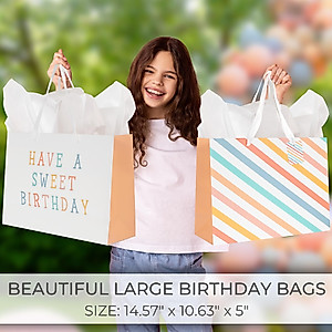 Beautiful Birthday Gift Bags Set of 2 - Large 14.5" Bags with Handles incl. Matching Tissue Paper, Cards & Stickers - Reusable and Perfect For Presents of Any Girls/Boys Kids Party & Special Occasion