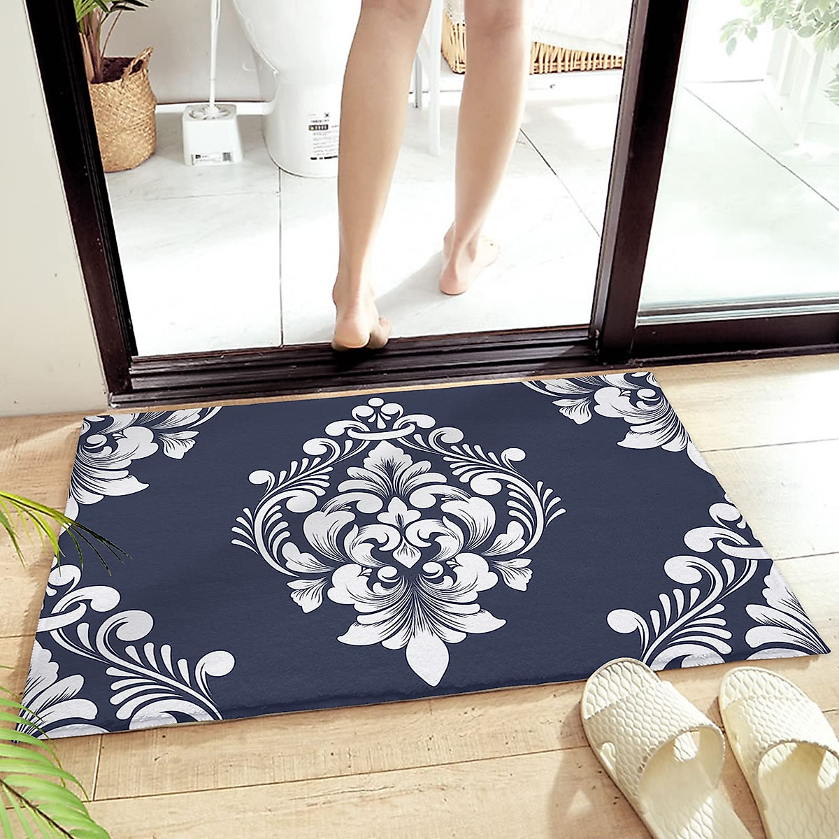 Door mat Door Mats Bath Rugs Classic Damask Flower on Navy Blue,Soft Fluffy Doormats Non Slip Carpet White Floral Shadow,gy Fuzzy Area Throw Rug for Kitchen/Bathroom/Bedroom/Living Room 18x30in