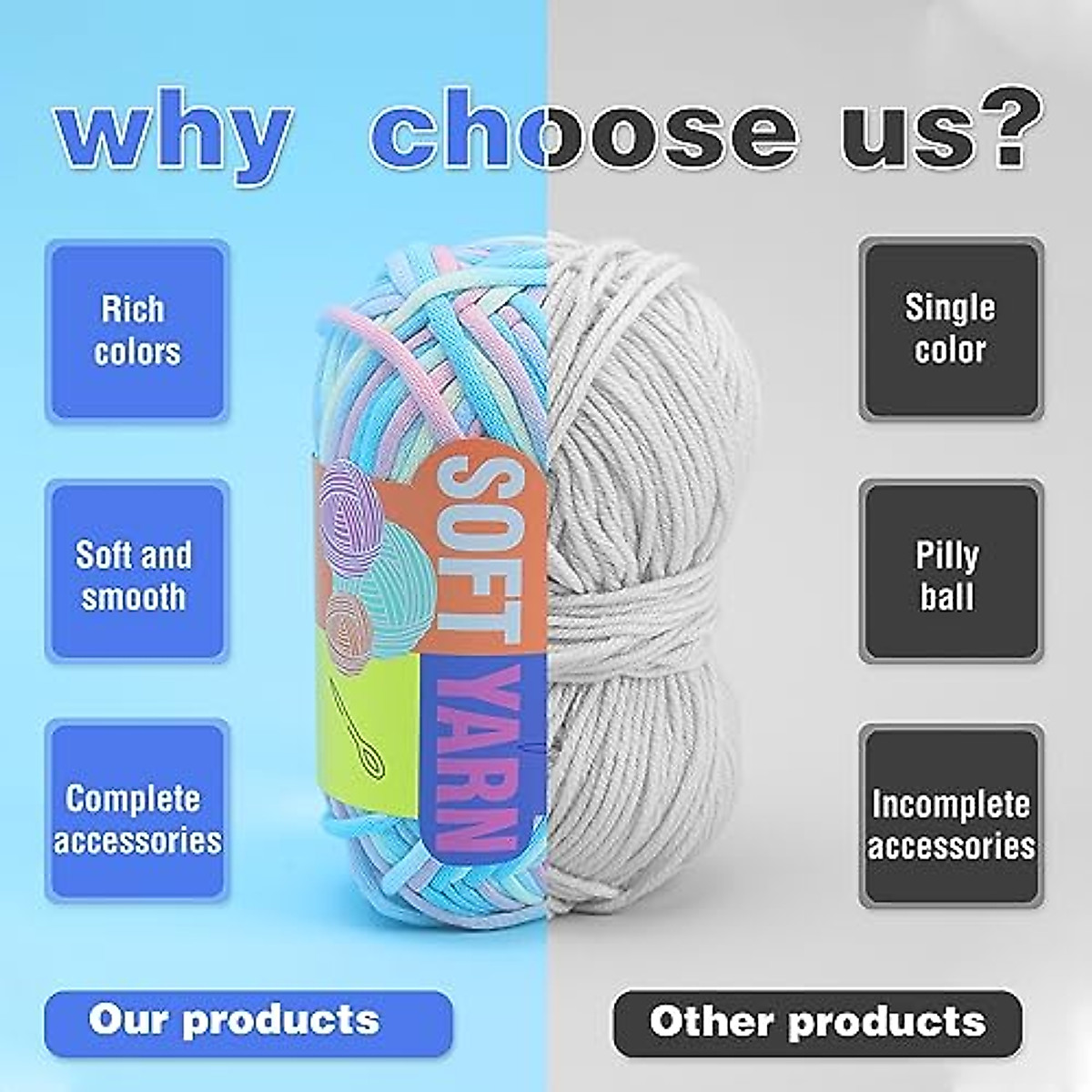 IMZAY 100g Yarn for Crocheting, Rainbow Color Cotton Yarn and Yarn for Beginners with Easy-to-See Stitches, Ergonomic Handle Hooks, Cotton Nylon Chunky Yarn for Crocheting and Knitting-Blue and Pink