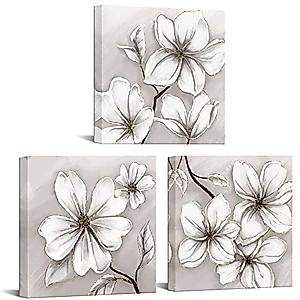 sechars 3 Piece Flower Wall Art White and Gold Floral Canvas Print with Wood Frame Vintage Still Life Painting for Bedroom Bathroom Decor Stretched Canvas Ready to Hang (White, 12"x12"x3pcs)