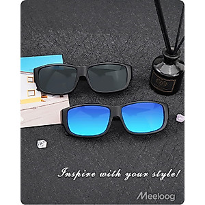 Meeloog Polarized Fit Over Glasses Sunglasses For Men, Rectangle Wrap Around Sun Glasses for Driving Riding Fishing MST0006 (P1 Black Frame/Blue Mirrored Lens)