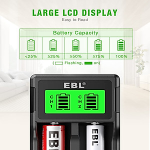 EBL Universal 18650 Battery Charger for 3.7V Lithium ion Rechargeable Batteries 26650 22650 18650 18490 18350 17670 17500 16340 (RCR123) 14500 and 1.2V Ni-MH Ni-CD Rechargeable C AA AAA Batteries