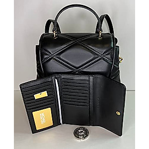Michael Kors Serena MD Flap Backpack bundled with Trifold Wallet and Purse Hook (Black)
