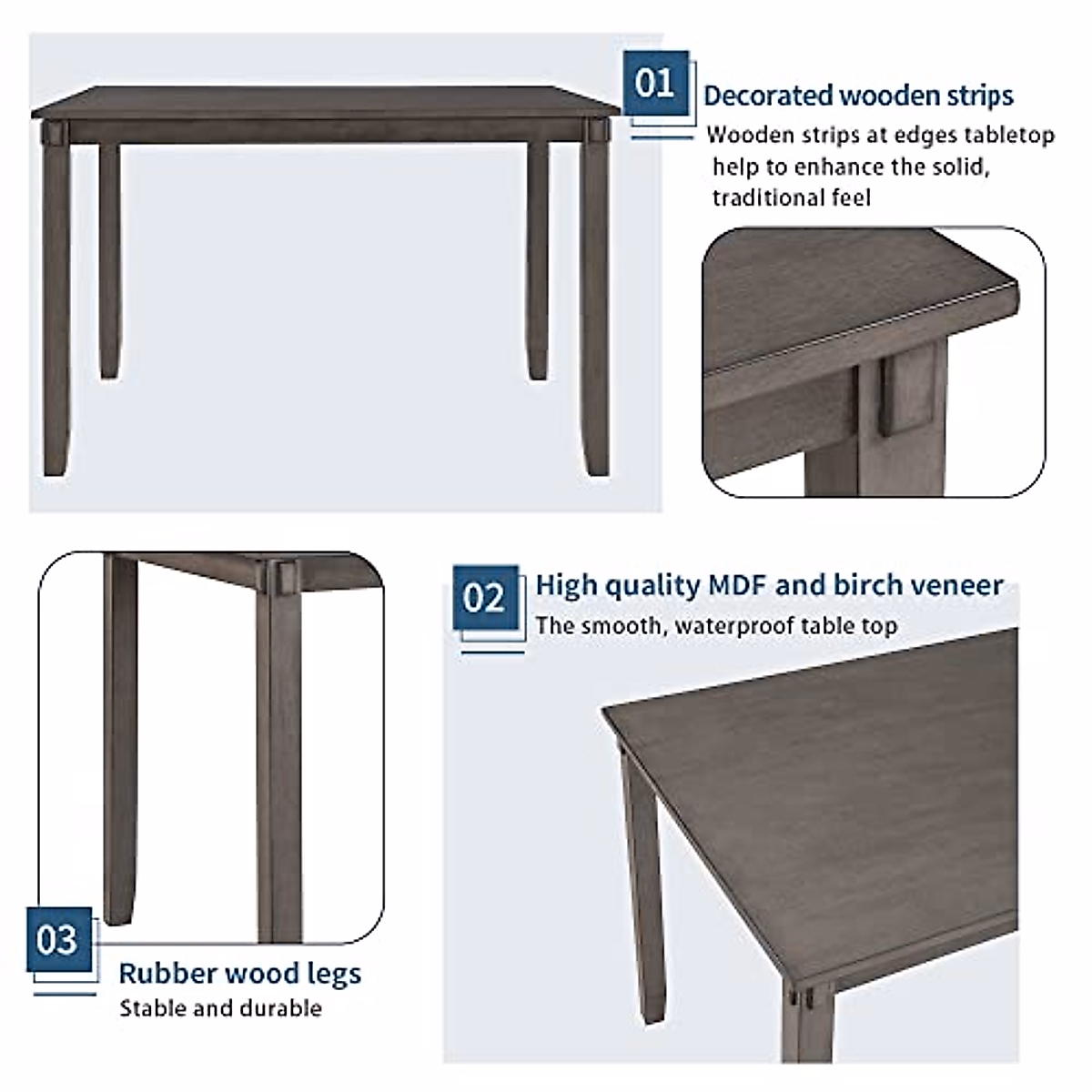 GLORHOME 5 Piece Kitchen Dining Set for 4, Farmhouse Style Rectangular Wood Table and Chairs for Family, Veneer Gray