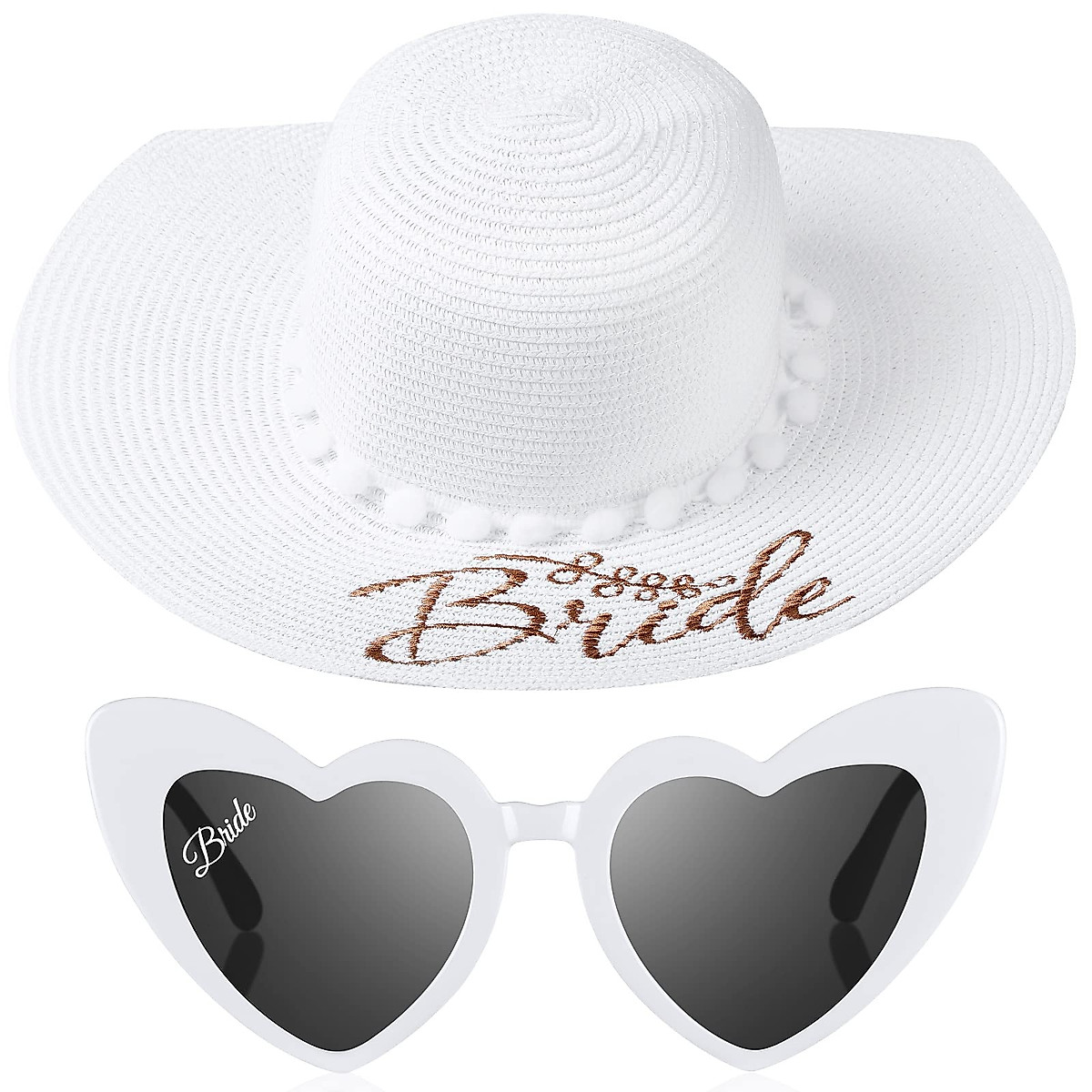 Neer 2 Pcs Bride Wedding Gifts Heart Sunglasses Sun Hat Set Bachelorette Gifts for Bridal Shower Party Decoration Favors(White)