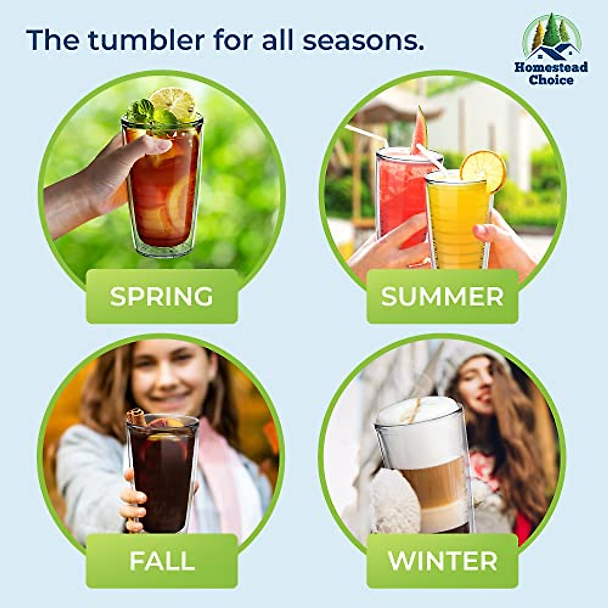 Insulated Drinking Glasses 16oz 4-pack - Made in USA Great for Iced Coffee & Hot Drinks, Clear Double Wall Plastic Tumbler Cups, Microwave, Freezer & Top Rack Dishwasher Safe Reusable Cups