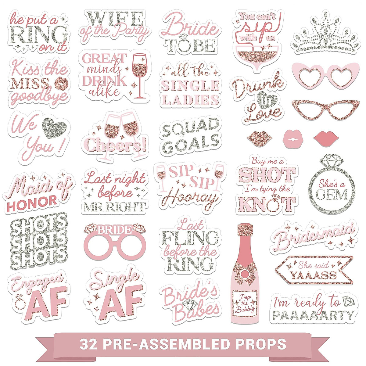 Fully Assembled Bachelorette Photo Booth Props - Set of 32 - Rose Gold, Pink, & Silver Signs, Wedding Bridal Shower Bachelorette Party Supplies & Decorations With Real Glitter - Did we mention no DIY?