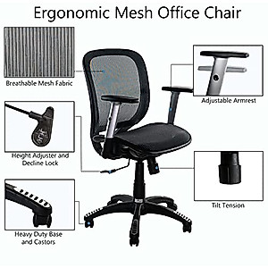ErgoMax Lumbar Support, Mid-Back Mesh Adjustable Armrests, Home Office Ergonomic Chair, 42 Inch Max Height, Black