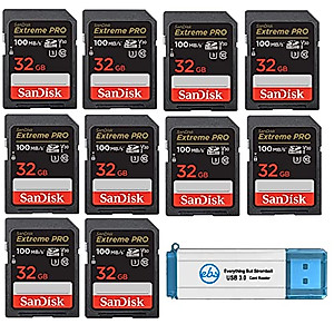 SanDisk 32GB (Ten Pack) SD HC Extreme Pro Memory Card for Digital DSLR Camera SDHC 4K V30 UHS-I (SDSDXXG-032G-GN4IN) with Everything But Stromboli (TM) 3.0 SD/TF Reader