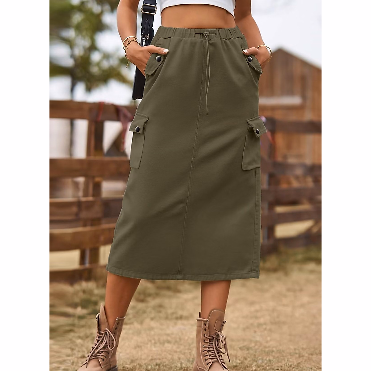 Dokotoo Women's Y2K Drawstring Cargo Midi Skirt Casual Adjustable High Waist Skirt with Pockets Cargo Skirts Work Skirts for Women Green Medium