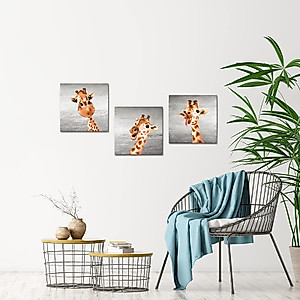 SiMiWOW Giraffe Art Decor Pictures Funny Wild Animals Framed Canvas Wall Art Kids Children Bedroom Bathroom Nursery Wall Decor