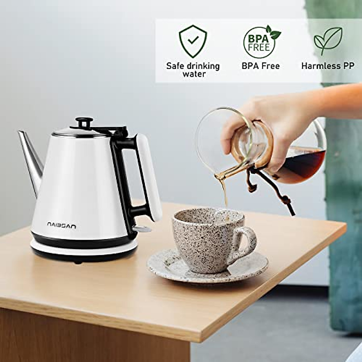 Naibsan Electric Kettle, 100% Stainless Steel Water Boiling Tea Kettle, BPA Free hot water kettle electric/Pour Over Coffee Kettle