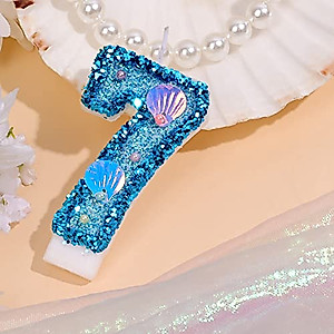 KINBOM 3inch Birthday Number Candles, Blue Glitter Number Candle Cake Topper Shell Sequins Cake Numeral Candles Number Candles for Birthday Anniversary Mermaid Themed Party (Number 7)