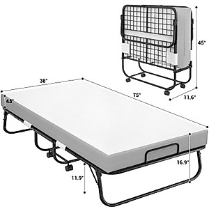 Homieasy Folding Bed with Mattress - 38 Inch Twin Size Rollaway Bed for Adults, Portable Foldable Bed with Storage Cover, Extra Guest Bed on Wheels (75” x 38”)