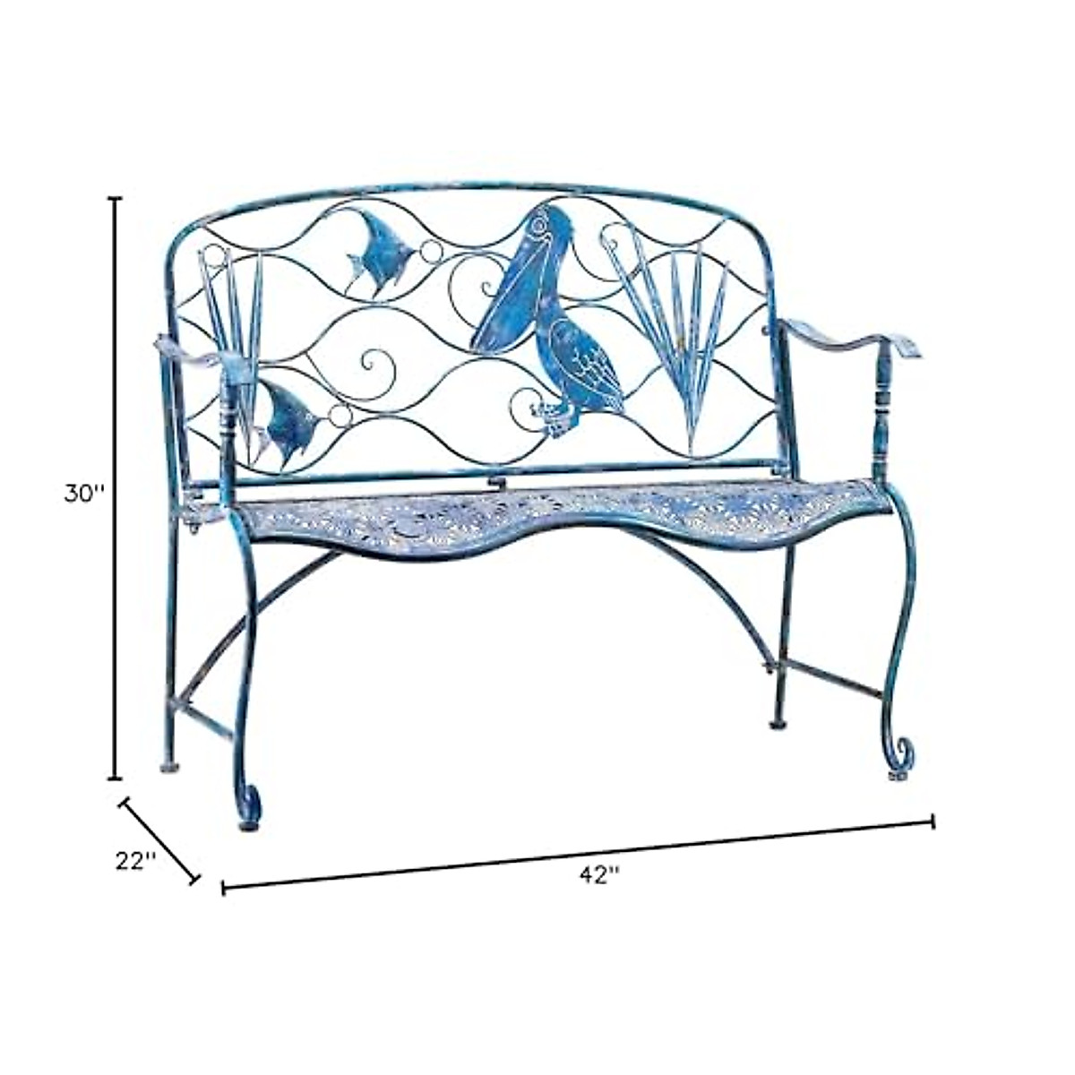 Lesera Ltd. Coastal Blue Metal Furniture Collection Bench/Arm Chair (Pelican & Angel Fish Bench), Coastal Furniture
