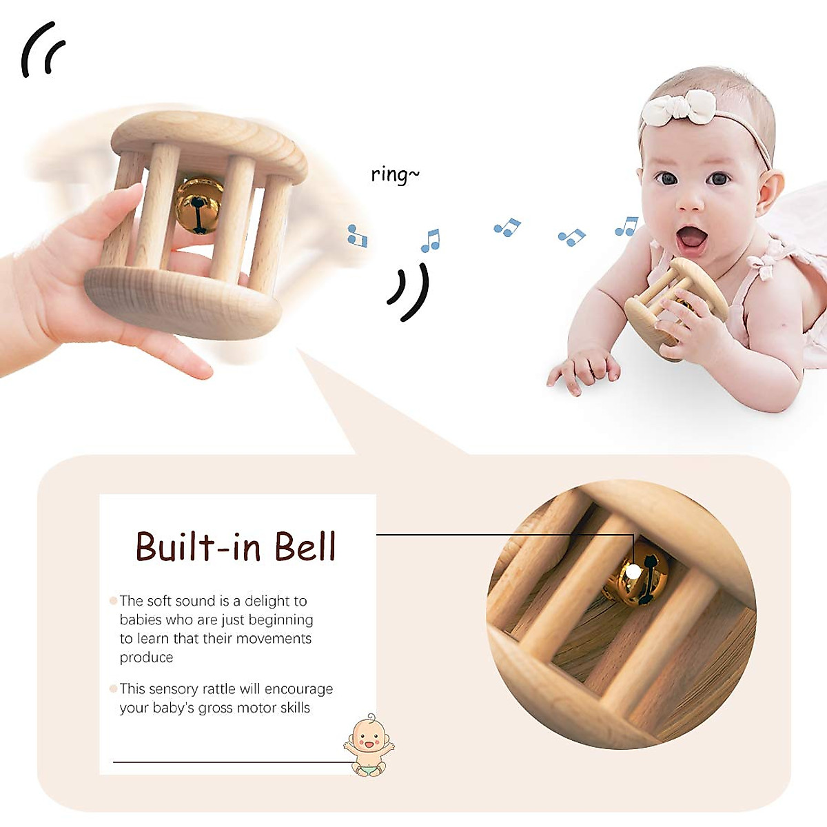 Wooden Baby Toys Wooden Rattle 4PC Handmade Natural Organic Preschool Baby Grasping Toy