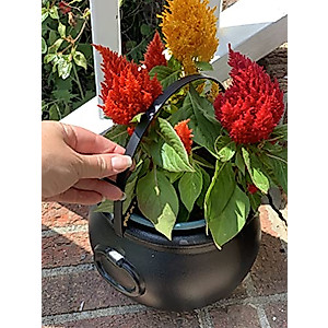 Black Plastic Planter, Antique, Cast Iron Looking Cauldron Kettle Flower Pot 8" with Handle, Early American Style