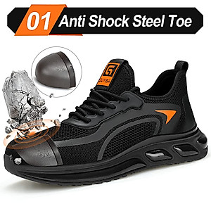 Steel Toe Shoes for Men Comfortable Lightweight Indestructible Work Sneakers for Men Puncture Proof Slip On Safety Shoes for Industrial,Coustruction Black