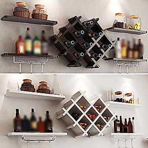 Wall Mounted Wine Rack, Modern Diamond-Shaped Set of 5 Wine Rack Wall Mounted Wooden Wine Holder Shelf Shelves and Glass Holder Rack Insert Display Rack Multifunctional Storage Shelf (White/Black)