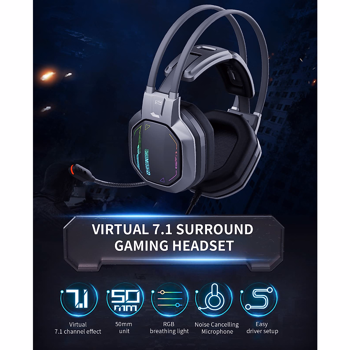 Shuomeng USB Pro Gaming Headset for PC - Computer Headphones with Microphone/Mic, SM-H2Pro 7.1 Surround Sound Wired Headset with LED RGB Light - Gaming Headphones for PS4/PS5,Console Laptop