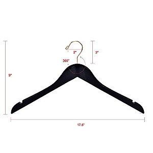 Quality Black Semi Curved Wooden Suit Hangers, 10-Pack Smooth Finish Solid Wood Coat Hanger with Swivel Hook, Jacket, Pant, Dress Clothes Hangers (Black - Gold Hook, 10)