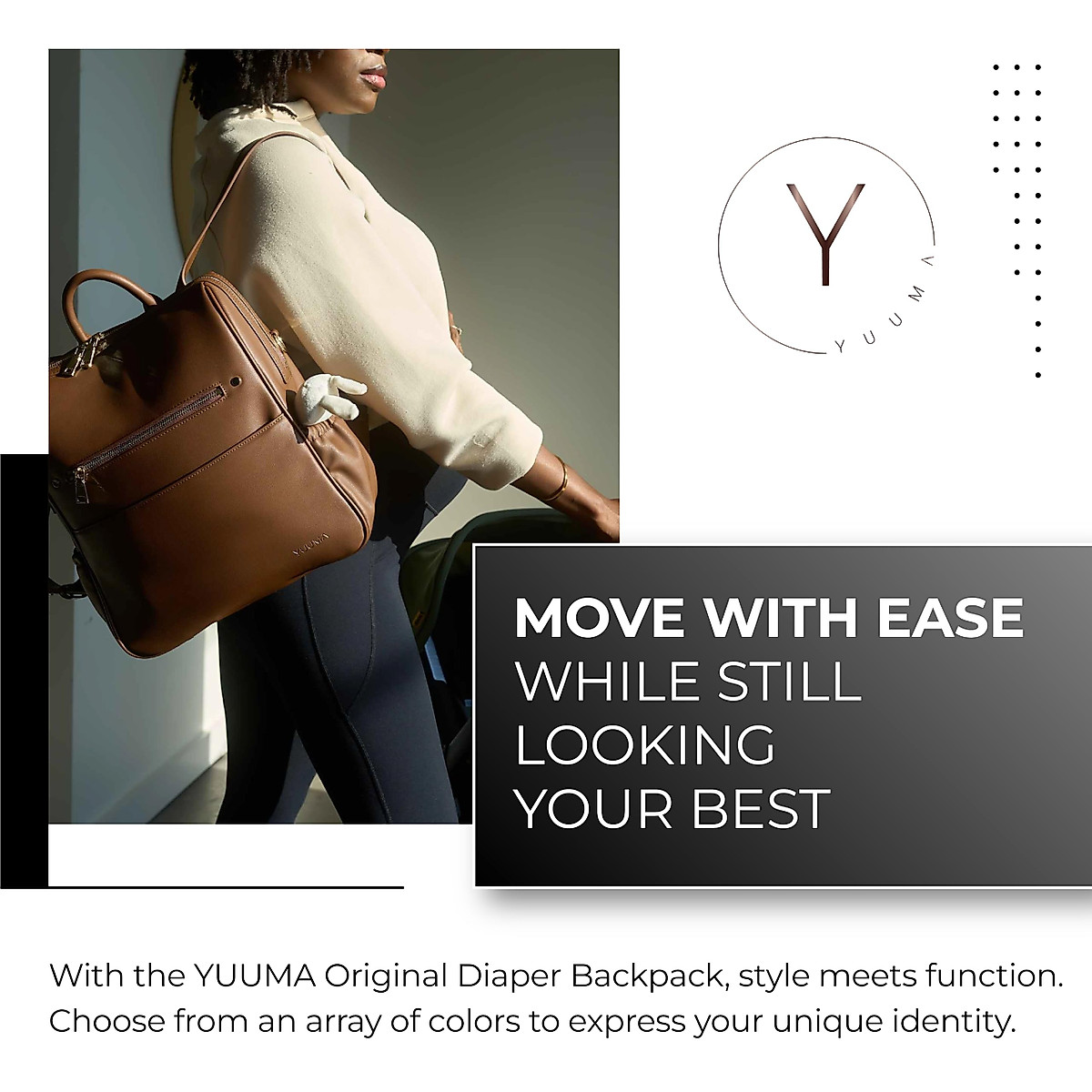 YUUMA Collection Original Diaper Backpack - Vegan Leather Baby Bag - Gold Zipper - Multiple Pockets - Easy Clean Nylon Interior - Many Colors - Modern Diaper Bag (Onyx)