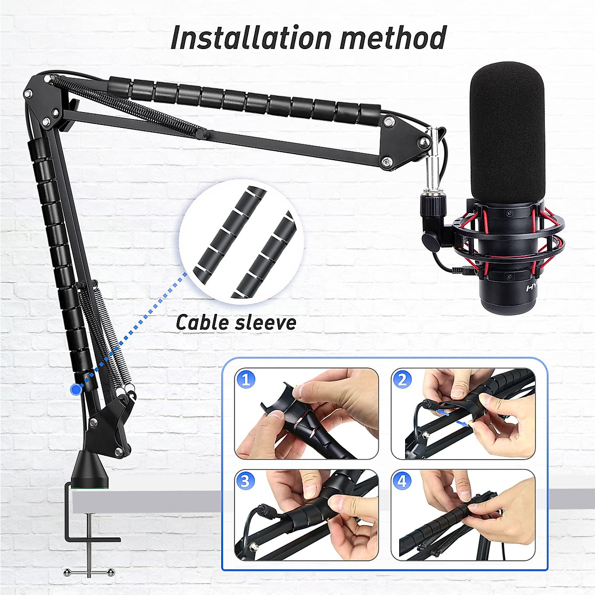 SUNMON HyperX QuadCast Boom Arm，Adjustable Suspension Microphone Boom Arm for HyperX QuadCast, QuadCast S Boom Arm – Upgrade C Clamp, 2 Cable Ties, Pop Filter Cover Compatible with HyperX Microphone