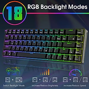RK ROYAL KLUDGE RK68 (RK855) 65% Mechanical Gaming Keyboard, RGB Backlit Ultra-Compact 60% Layout 68 Keys Wired Keyboard, Hot Swappable Keyboard with Stand-Alone Arrow/Control Keys, Red Switch, Black