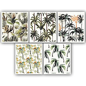 Swedish Dishcloths for Kitchen - Eco-Friendly Reusable Cleaning Cloths Alternative to Paper Towels - 100% Soft Organic Cotton Biodegradable Washable Cellulose Sponge Cloths (Palm Tree Designs, 5pc)