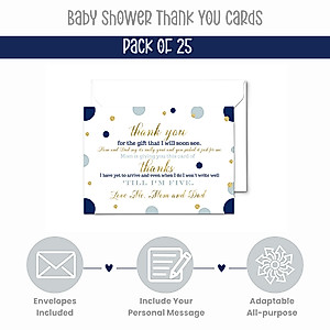 Paper Clever Party 25 Navy and Gold Baby Thank You Cards Pack – Boys Baby Shower Notes with Envelopes, Prefilled Message, Customizable Blank Stationery, New Parents Gift Ideas