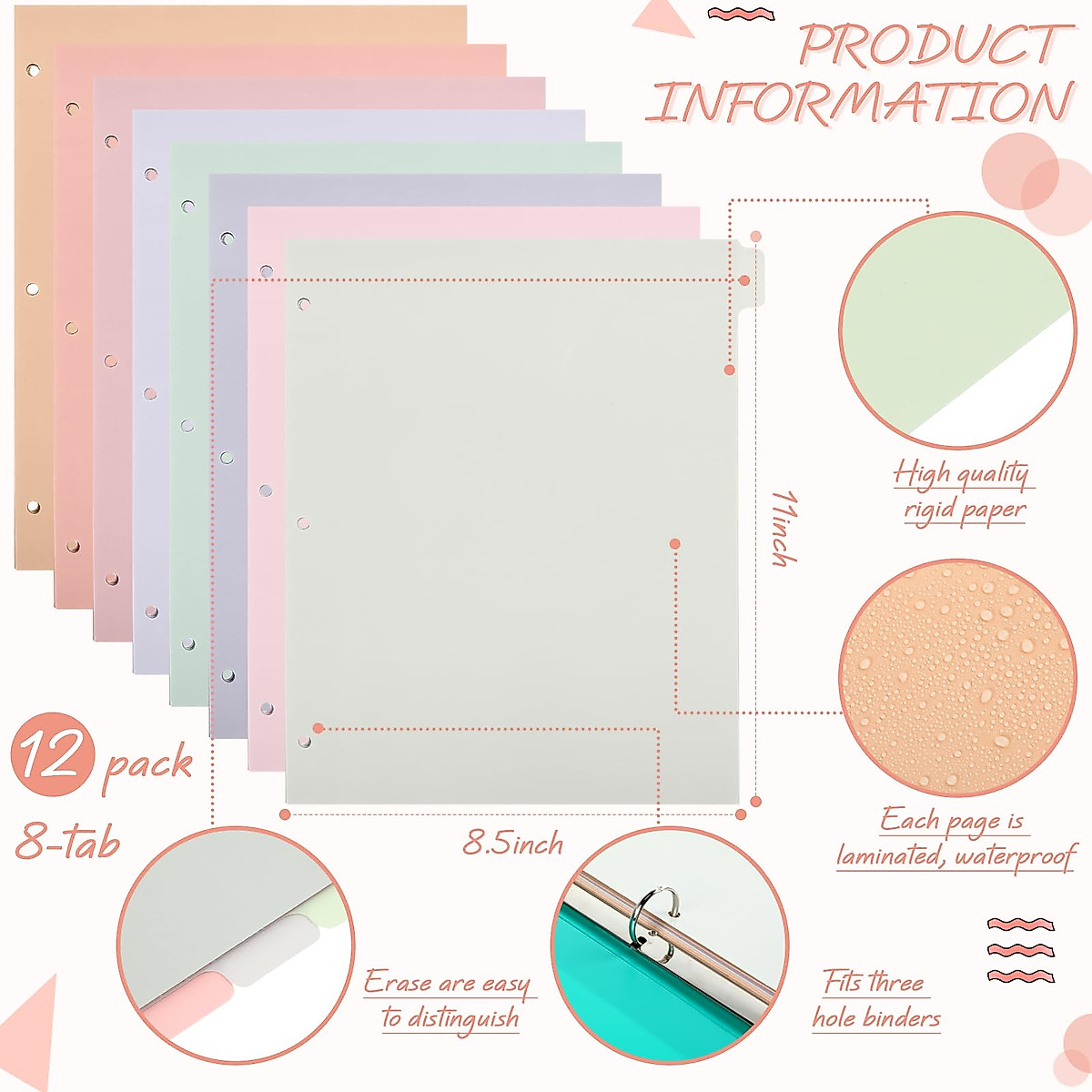 Honoson 12 Sets 8 Tab Binder Dividers for 3 Ring Binders 8.5 x 11 Inch Paper Multicolor Dividers with Plastic Film 3 Hole Punched Page Dividers Sturdy Binder Index Dividers for School (Dream Color)