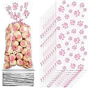 100 Pieces Pet Paw Print Cone Cellophane Bags Heat Sealable Candy Bags Dog Paw Gift Bags Cat Treat Bags with 100 Pieces Silver Twist Ties for Pet Treat Party Favor (Pink)