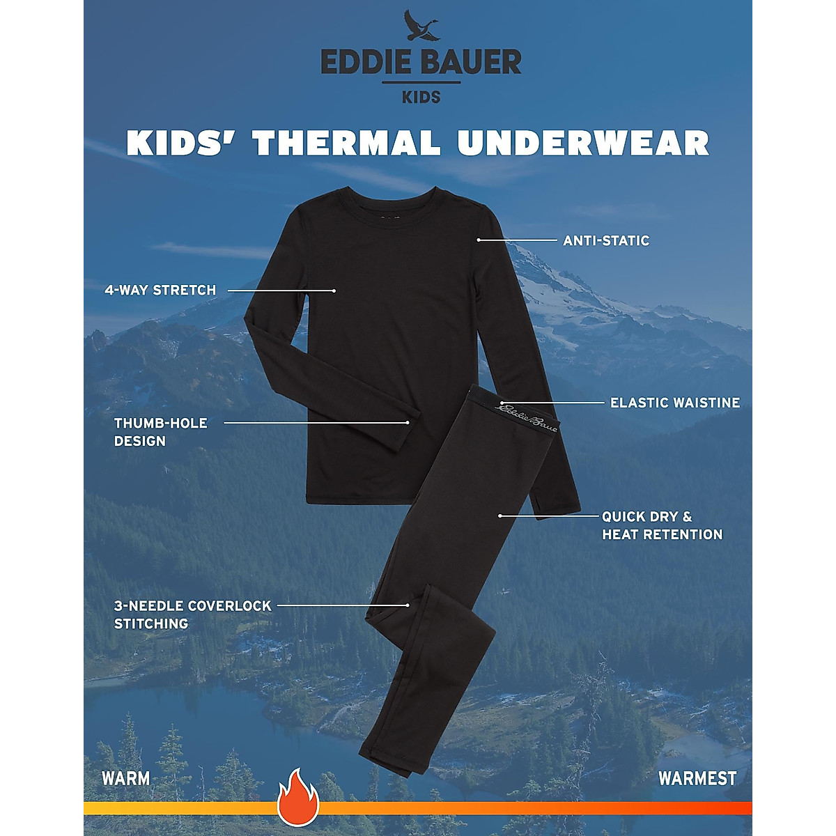 Eddie Bauer Thermal Underwear For Kids - 2 Piece Performance Base Layer Underwear Set For Boys and Girls (5-16), Size 10-12, Black