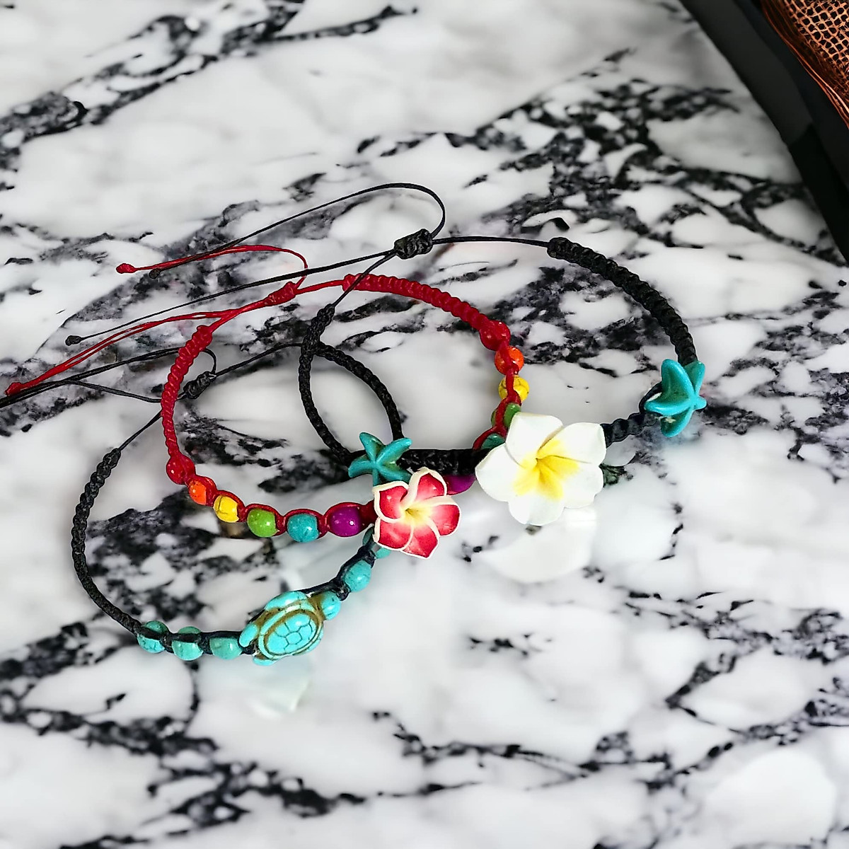 LAVIP Leather Anklet or Bracelet Starfish Turquoise Hawaiian Plumeria Flower Starfish Turquoise Hemp Bracelet