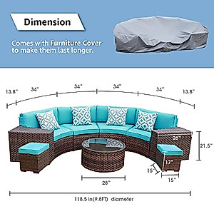 OC Orange-Casual 9-Piece Patio Furniture Set Half-Moon Sofa Outdoor All-Weather Wicker with Coffee Table & Set of Ottomans, Brown Rattan Turquoise Cushion (Pillows Included)