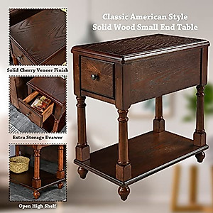JESONVID Narrow Open End Table with Drawer, Solid Wood Side Table 2-Tier Skinny Table with Storage Shelves Slim Nightstand Small Sofa End Table for Living Room Bedroom-Cherry Walnut 004DWA