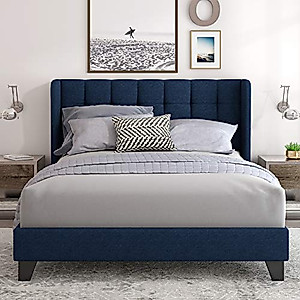 Einfach Queen Upholstered Wingback Platform Bed Frame with Headboard/Mattress Foundation with Wood Slat Support and Square Stitched Headboard/No Box Spring Needed/Easy Assembly, Dark Blue