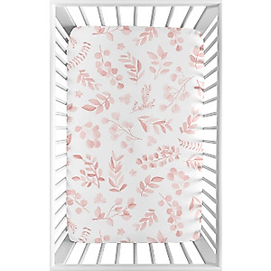 Sweet Jojo Designs Blush Pink and White Floral Leaf Girl Fitted Mini Crib Sheet Baby Nursery for Portable Crib or Pack and Play Boho Chic Bohemian Watercolor Botanical Flower Woodland Tropical Garden