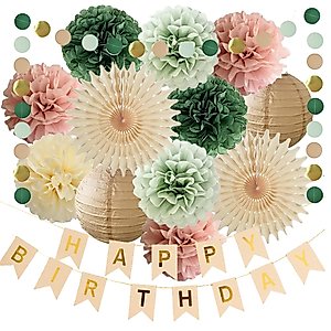 Sage Green and Dusty Pink Birthday Decorations Sage Green Paper Pom Poms Paper Fans Happy Birthday Banner for Women Girls Neutral Birthday Baby Shower Party Decor Supplies