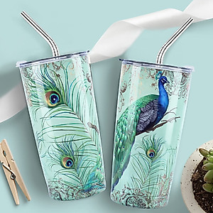 NymphFable 20oz Peacock Mug Tumbler with Straw and Lid Stainless Steel Insulated Travel Mug Double Wall