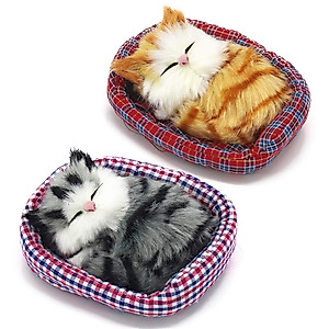 Coolayoung 2Pcs Sleeping Cat in Pet Pad Doll Toy, Mini Kitten in Pet Pad with Meows Sounds Decor for Office Desk Hand Toy Gift for Kids Boys Girls