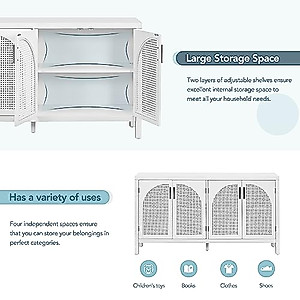 LUMISOL Accent Buffet Cabinet with Rattan Doos, Modern Sideboard and Buffet Table Console Table with Adjustable Shelves for Living Room, White