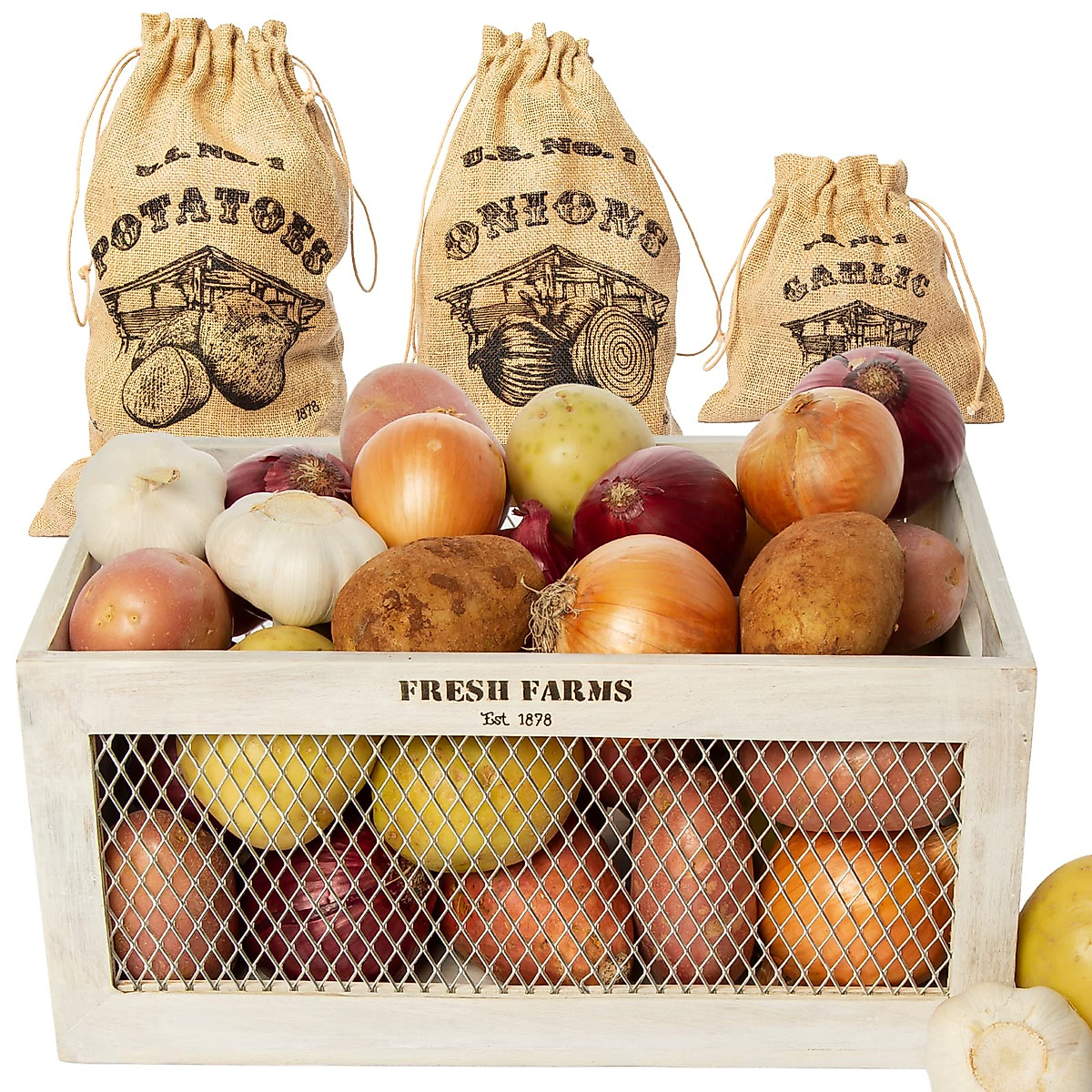 LoadedSpoon Potato and Onion Storage Bin – Garlic Storage, Handcrafted Farmhouse Kitchen Wooden Crate Box, 3 pk Jute Vegetable Storage Bags, Onion and Potato Storage for Pantry or Countertop (White)