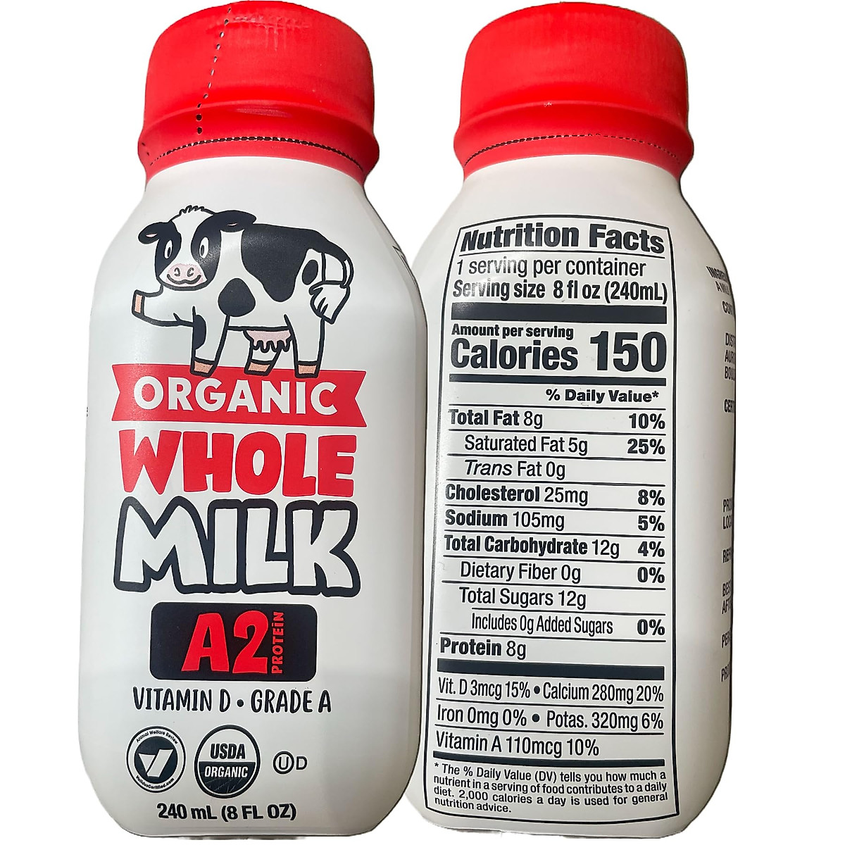 whole Milk Organic Shelf Stable Whole Milk Bottle, Kirkland Grass Fed Milk has Vitamin D & A2 Protein, Plus BETRULIGHT Fridge Decal - Single Serve, 8.0 Fl oz (Pack of 6)